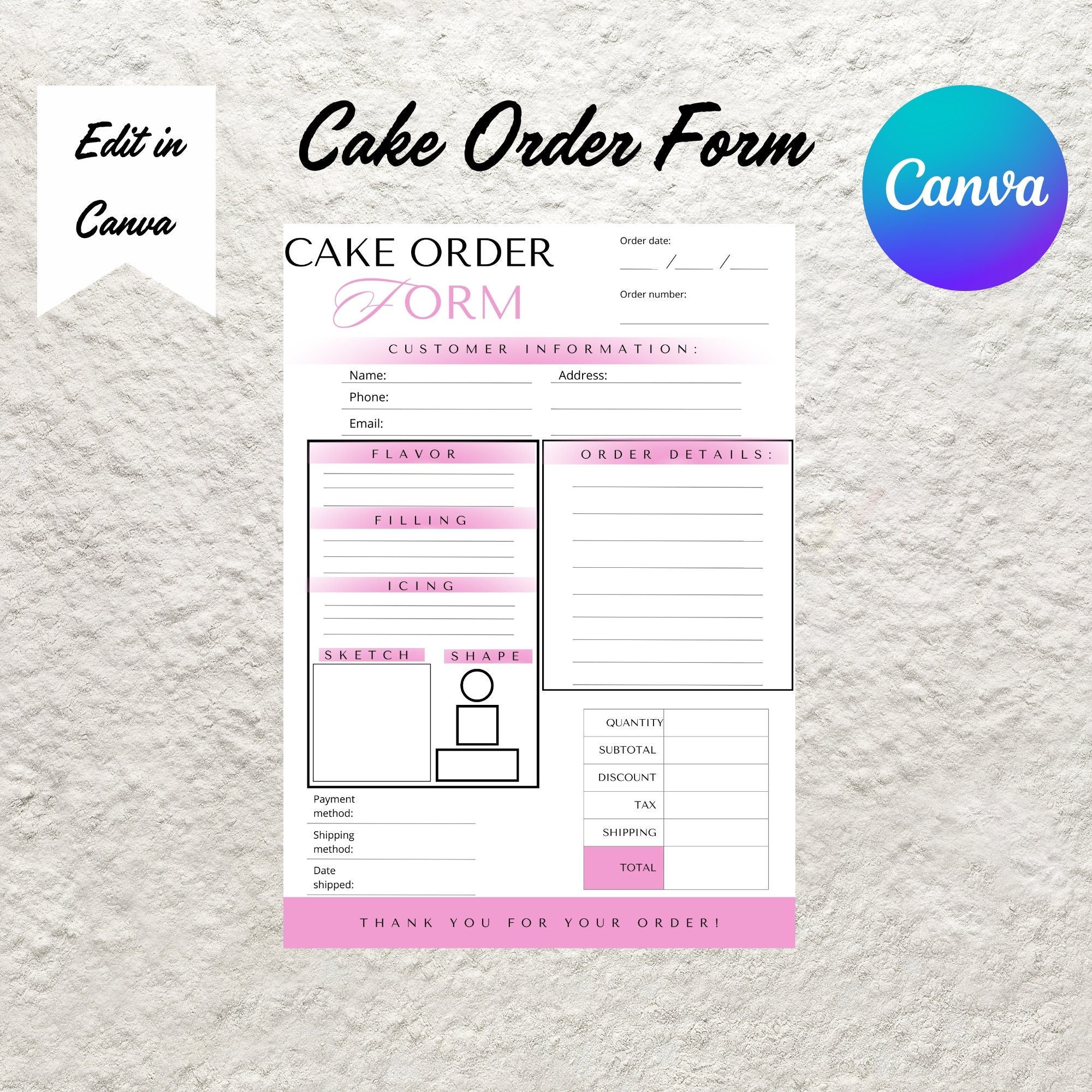 Editable Cake Order Form Canva Template Custom Bakery Cake Order Form ...