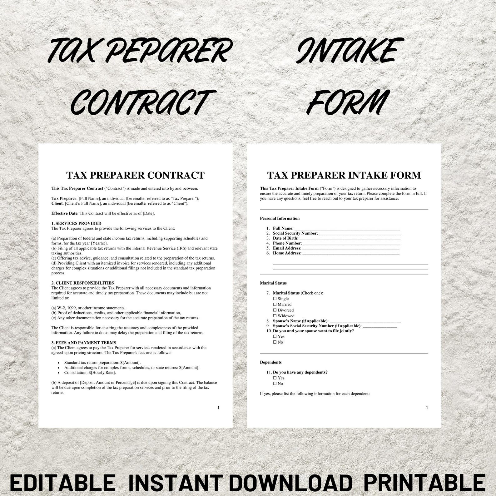 Tax Preparer Forms Bundle: Editable Client Intake Templates (PDF Kit ...