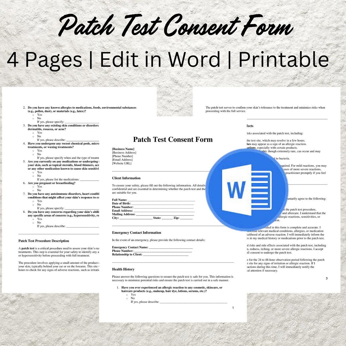 Editable Patch Test Consent Form: Esthetician Client Waiver (printable ...