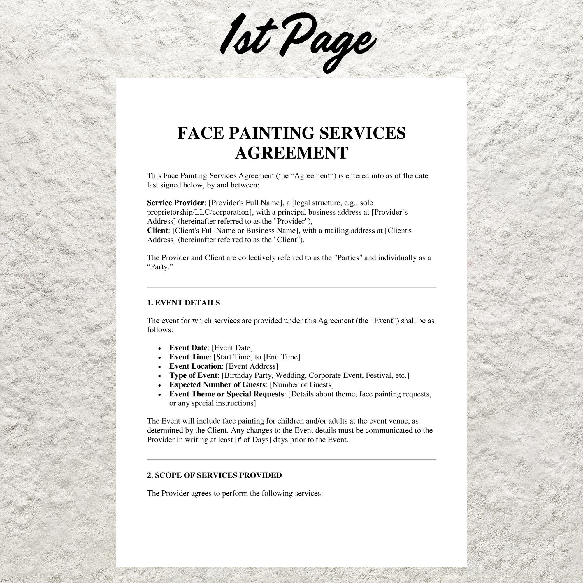 Editable Face Painting Contract Template: Service Agreement (word & PDF ...
