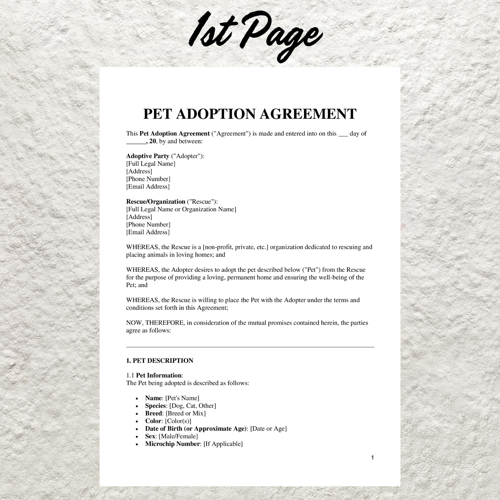 Editable Pet Adoption Contract Template (word Format) - Etsy