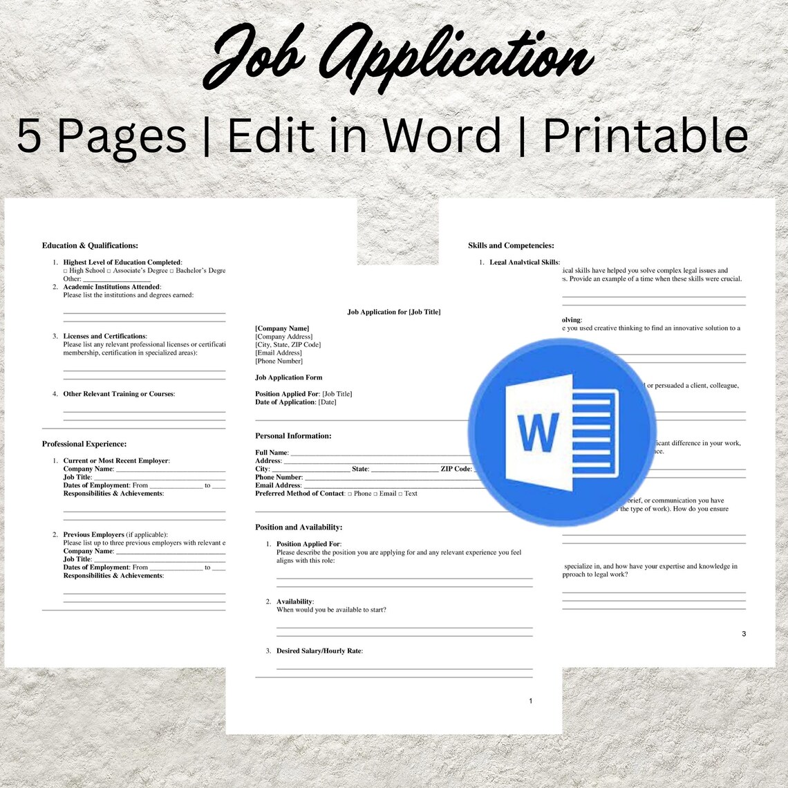 Job Application Template Editable Employment Application Form Printable ...