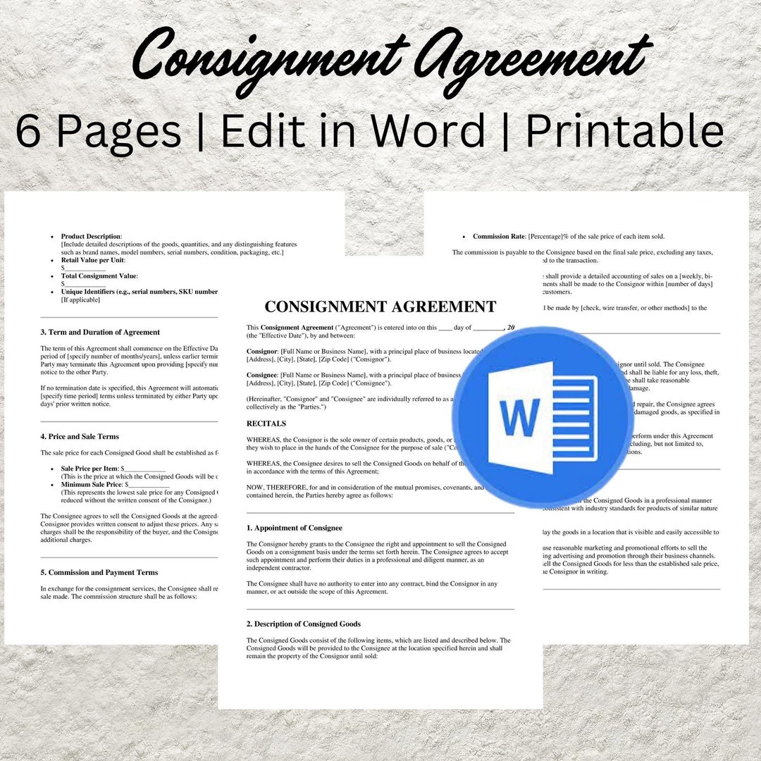 Consignment Contract Template Editable Professional Shop Agreement ...