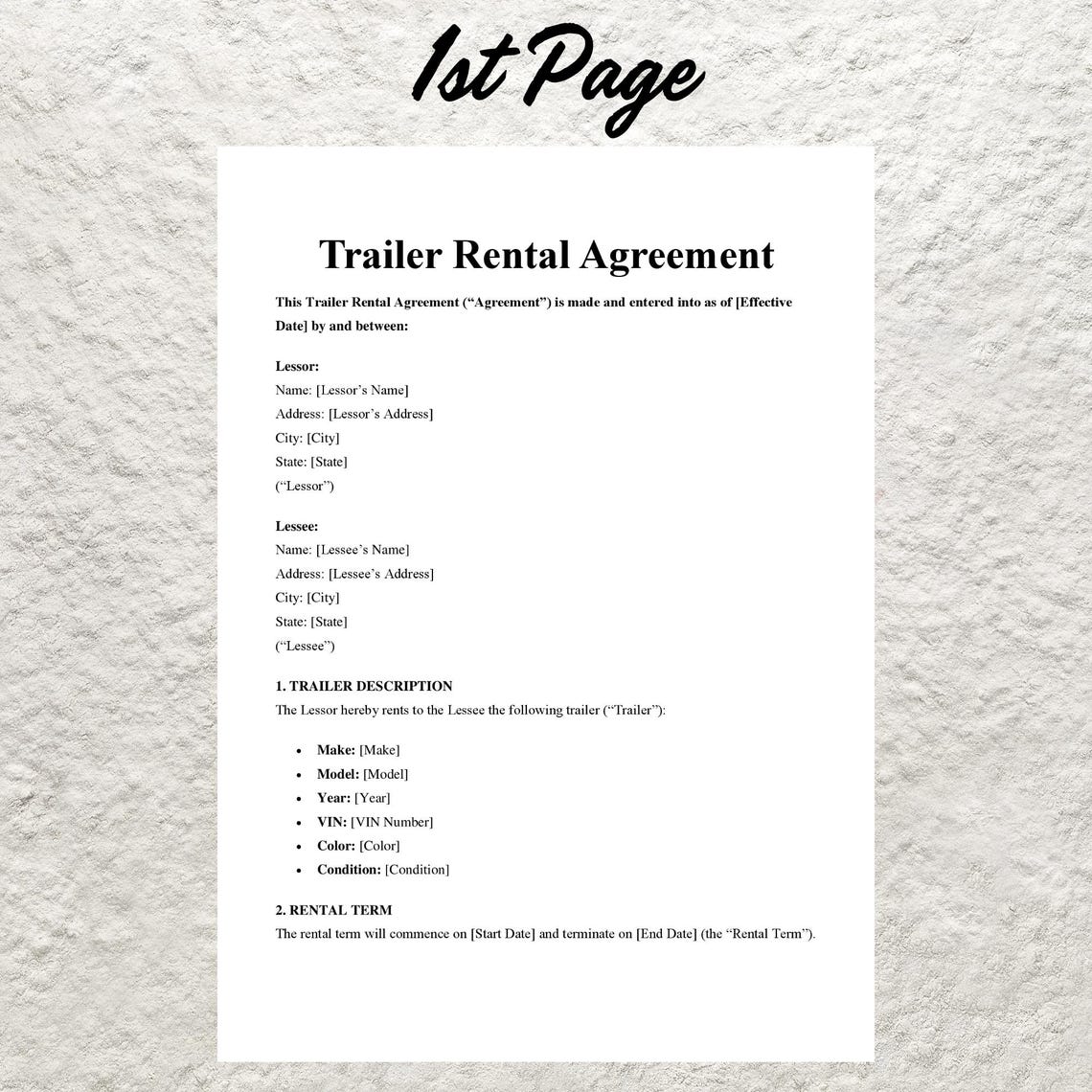 Editable Trailer Rental Agreement Template (instant Download) - Etsy