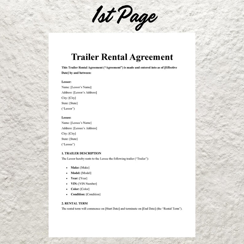 Editable Trailer Rental Agreement Template (instant Download) - Etsy