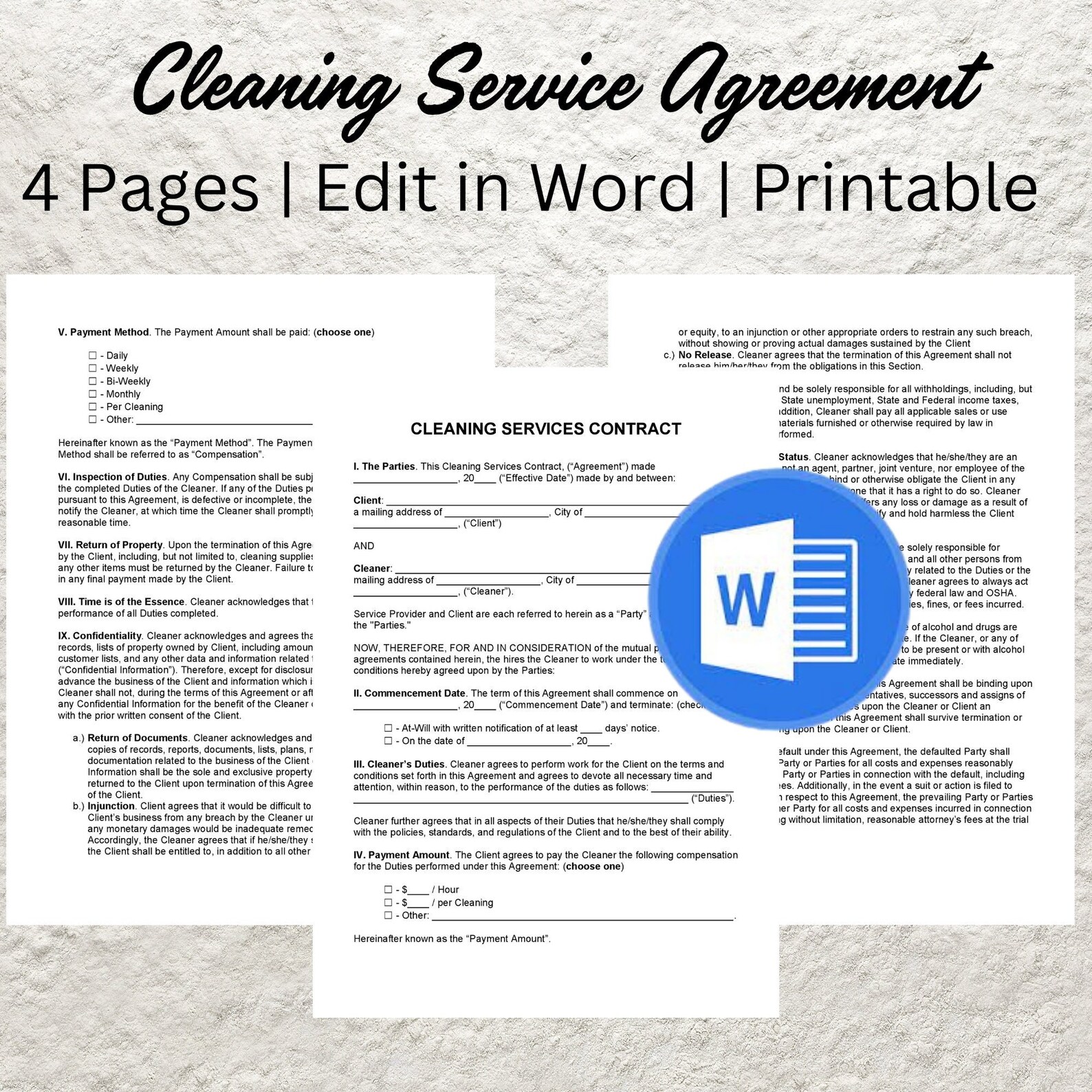 Cleaning Service Agreement Printable Cleaning Contract Editable ...