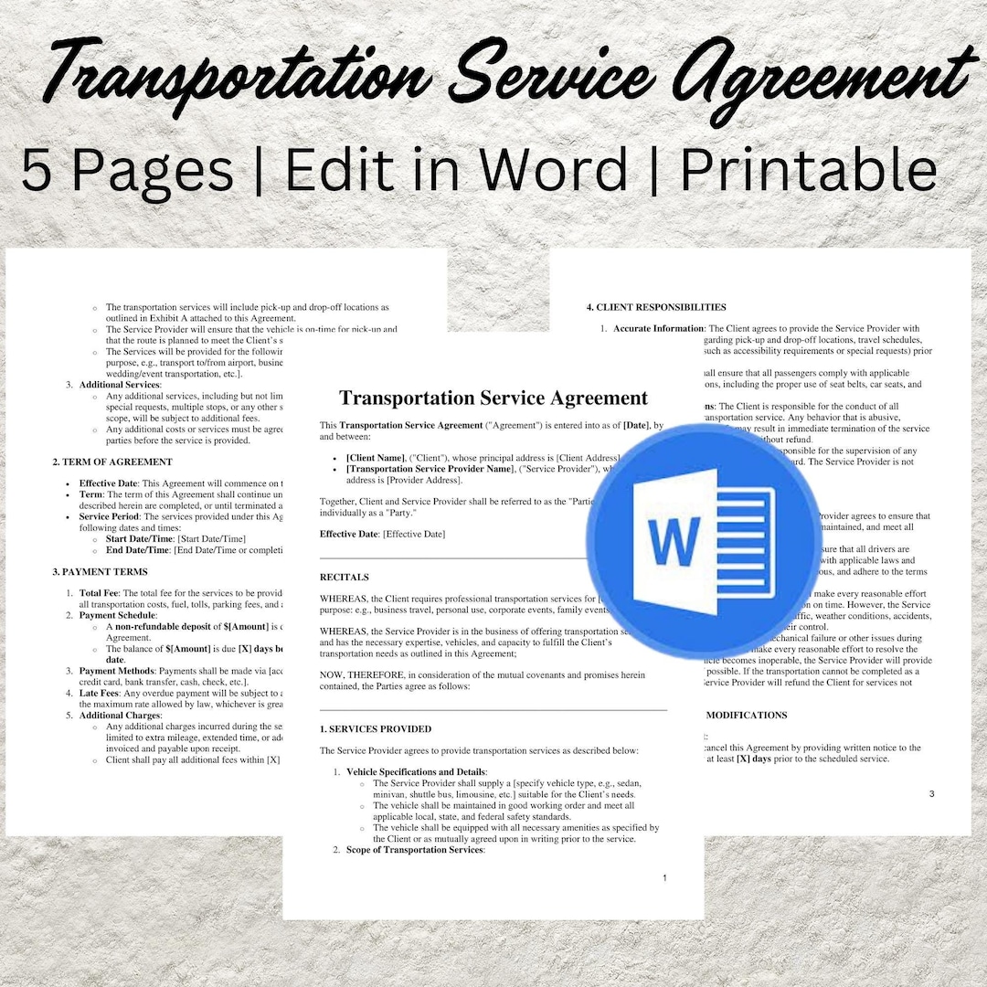 Transportation Service Agreement Template: Editable Event Shuttle ...