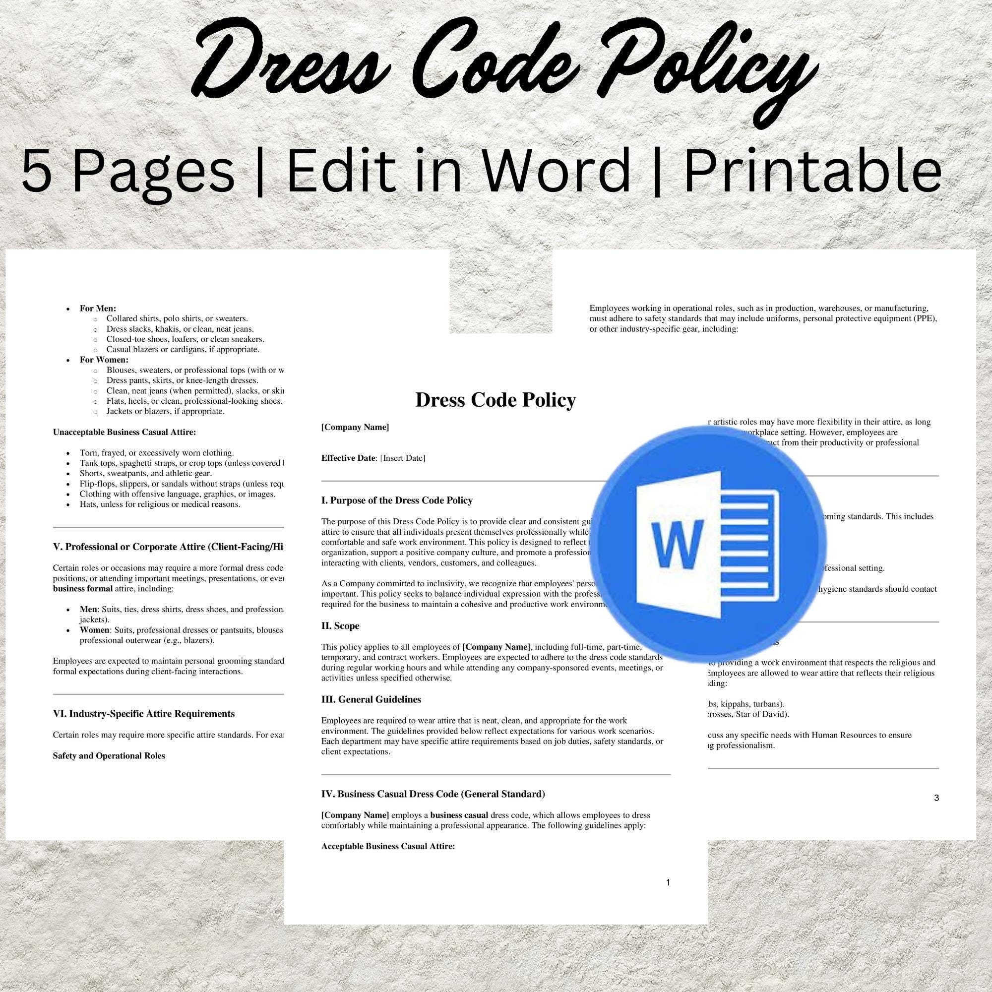 Dress Code Policy Template Editable Employee Dress Code Policy ...