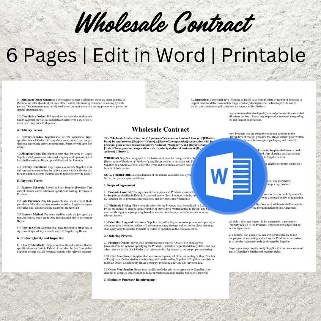 Editable Wholesale Contract Template: Product Purchase Agreement (word ...