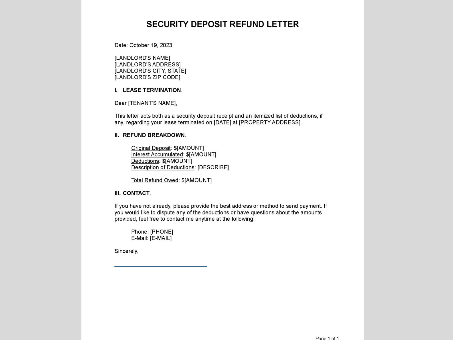 Security Deposit Return Refund Letter Form Template Landlord Rental ...