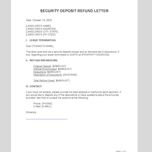 Security Deposit Return Refund Letter Form Template Landlord Rental ...