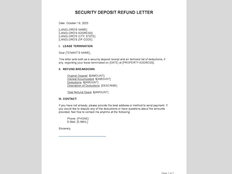Security Deposit Return Refund Letter Form Template Landlord Rental ...