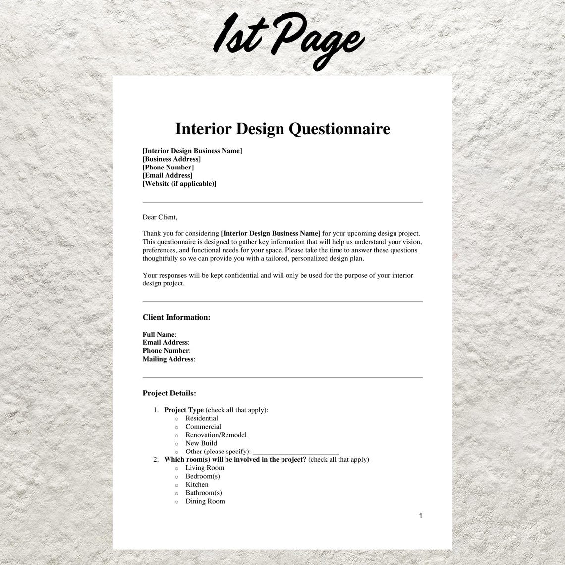 Interior Design Client Questionnaire: Editable Intake Form (PDF ...