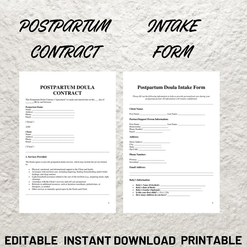 Postpartum Doula Forms Bundle Editable Postpartum Doula Contract Template Intake Form Printable ...