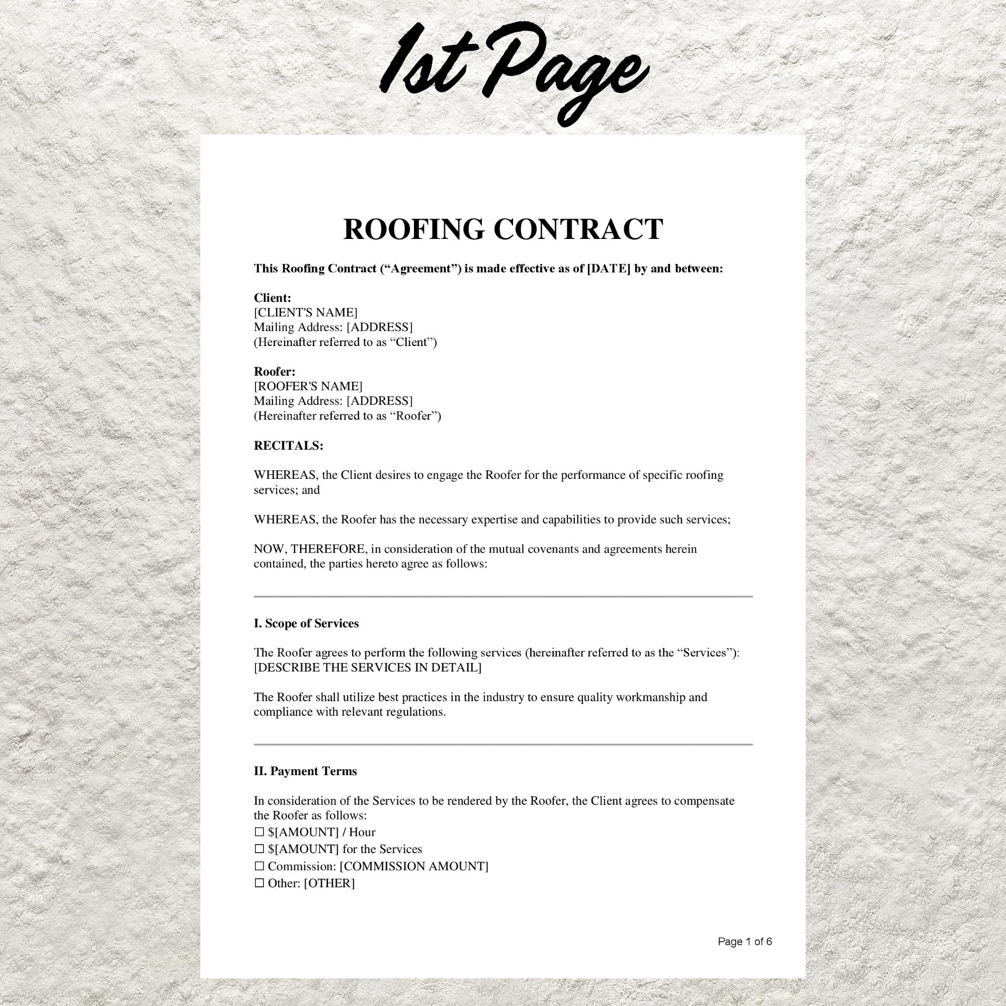 Editable Roofing Service Contract Template: Business Agreement (PDF ...