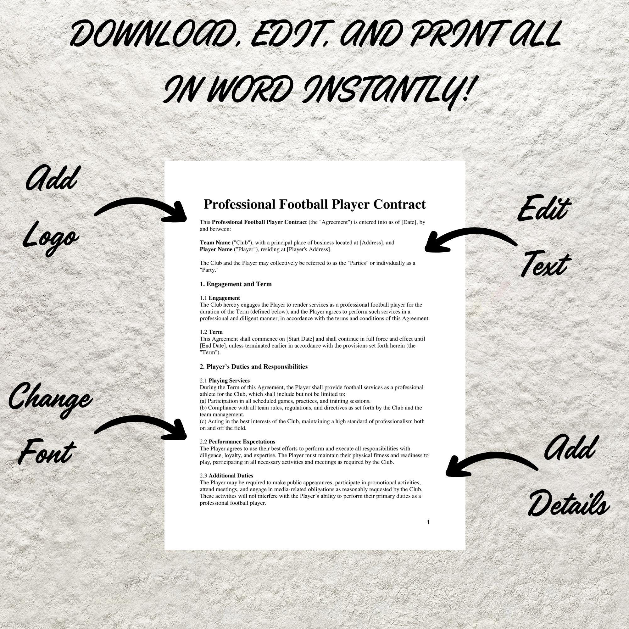 Editable Football Player Contract Template: Pro Sports Agreement (PDF ...