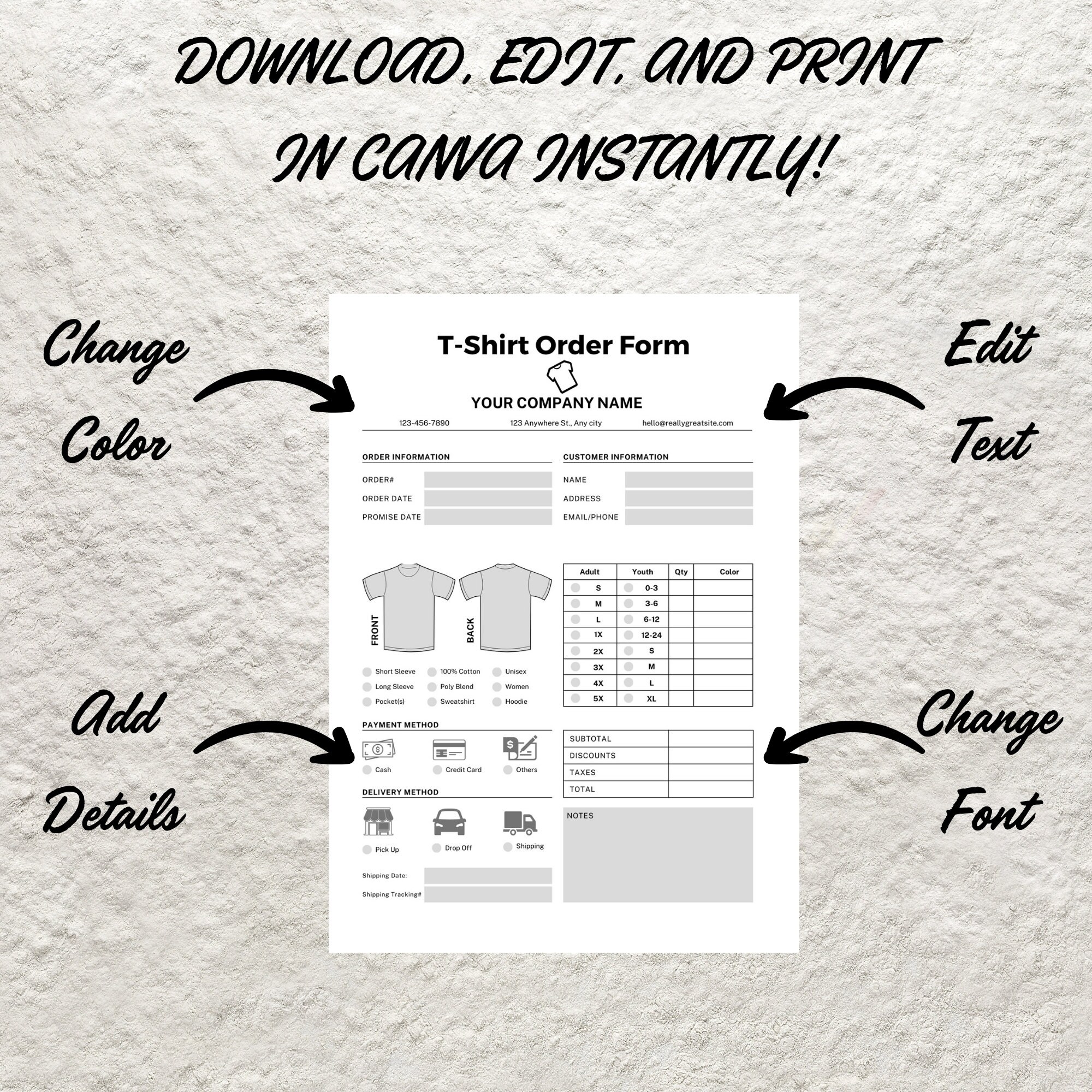 Editable T-shirt Order Form Template Printable T Shirt Order Form Blank ...