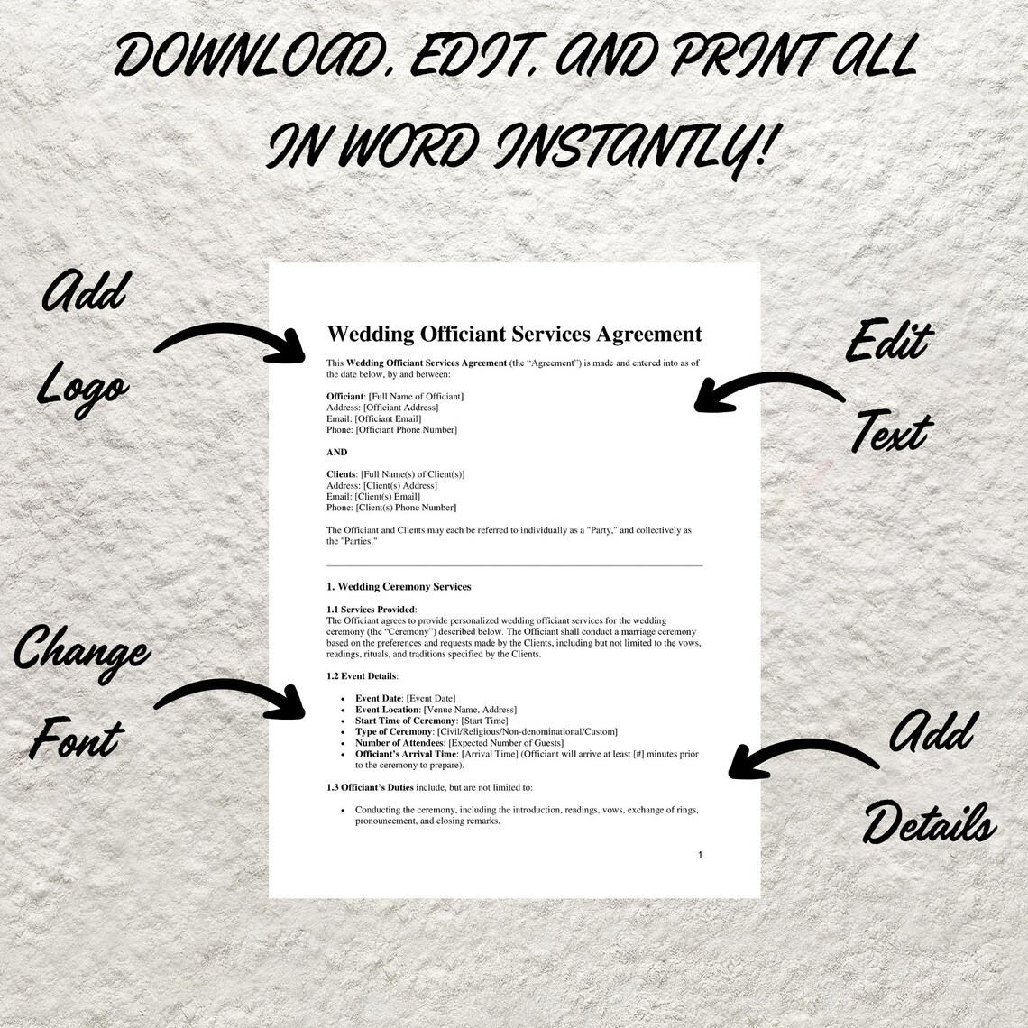 Wedding Officiant Contract Template Editable Wedding Officiant Service ...