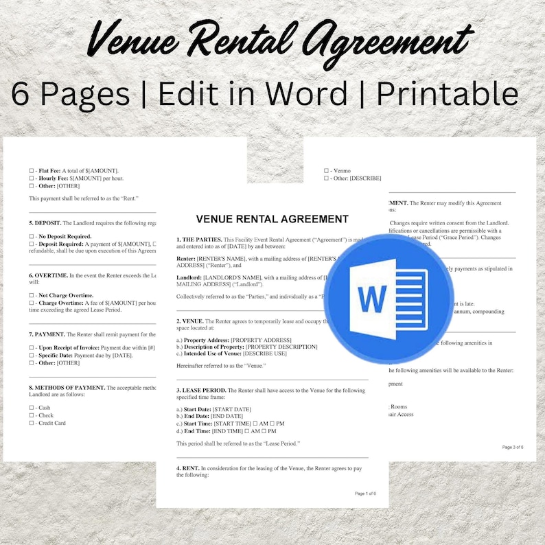 Editable Venue Rental Agreement Template (MS Word) - Etsy