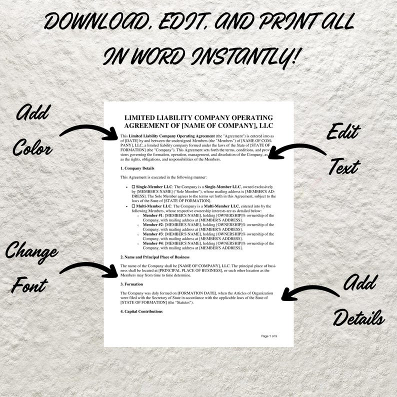 LLC Operating Agreement Template: Single/multi Member (word & Printable ...