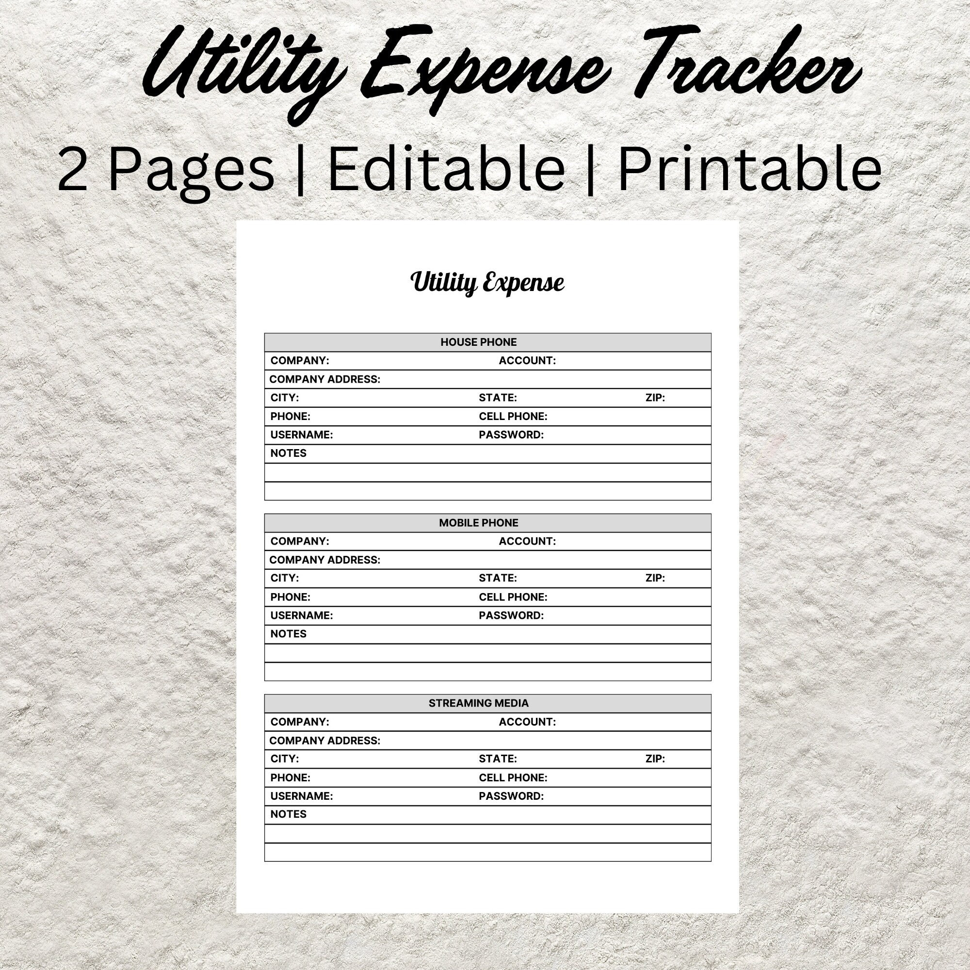 Utility Bill Tracker Template Printable Utility Contacts Utility ...