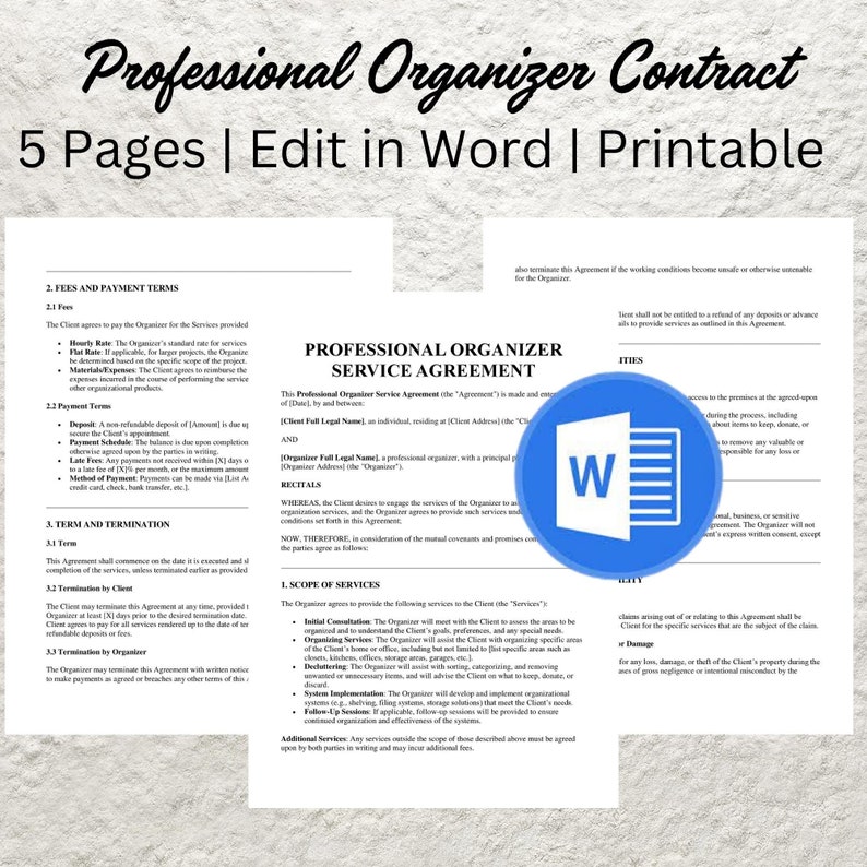 Professional Organizer Contract Template: Editable Service Agreement ...