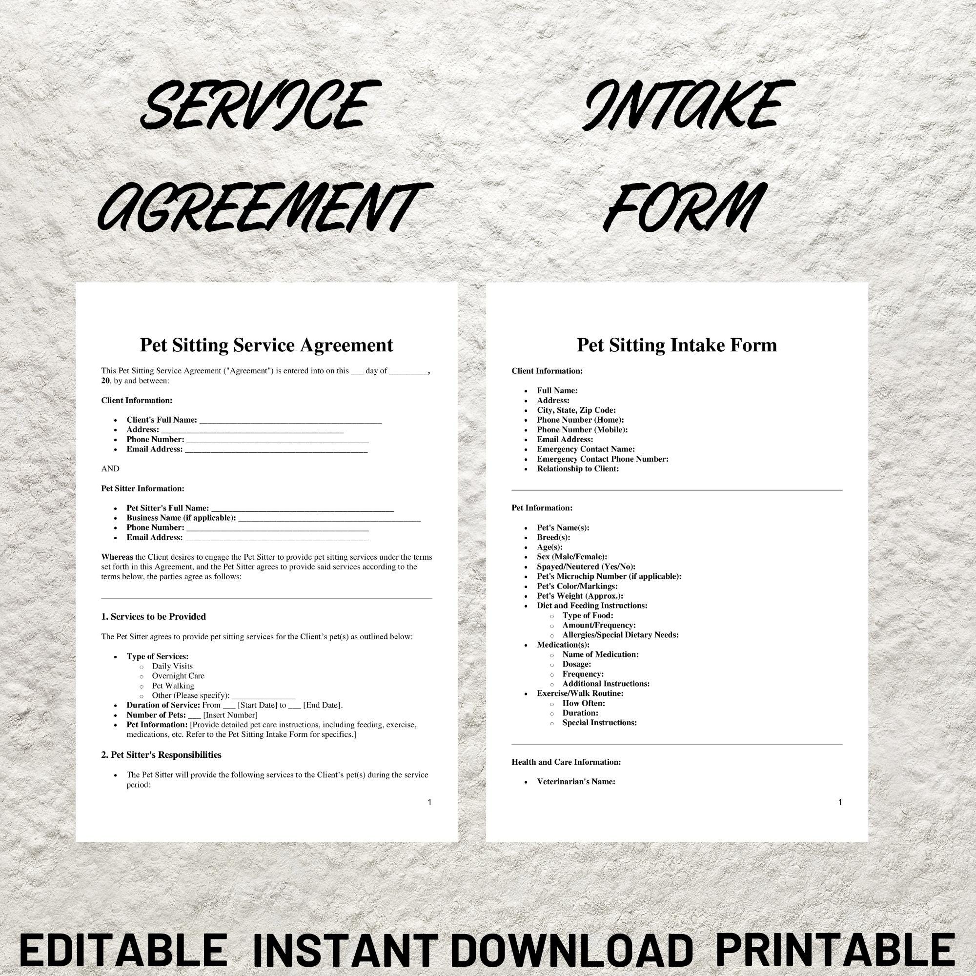 Pet Sitting Service Agreement/contract, Editable & Printable Pet ...