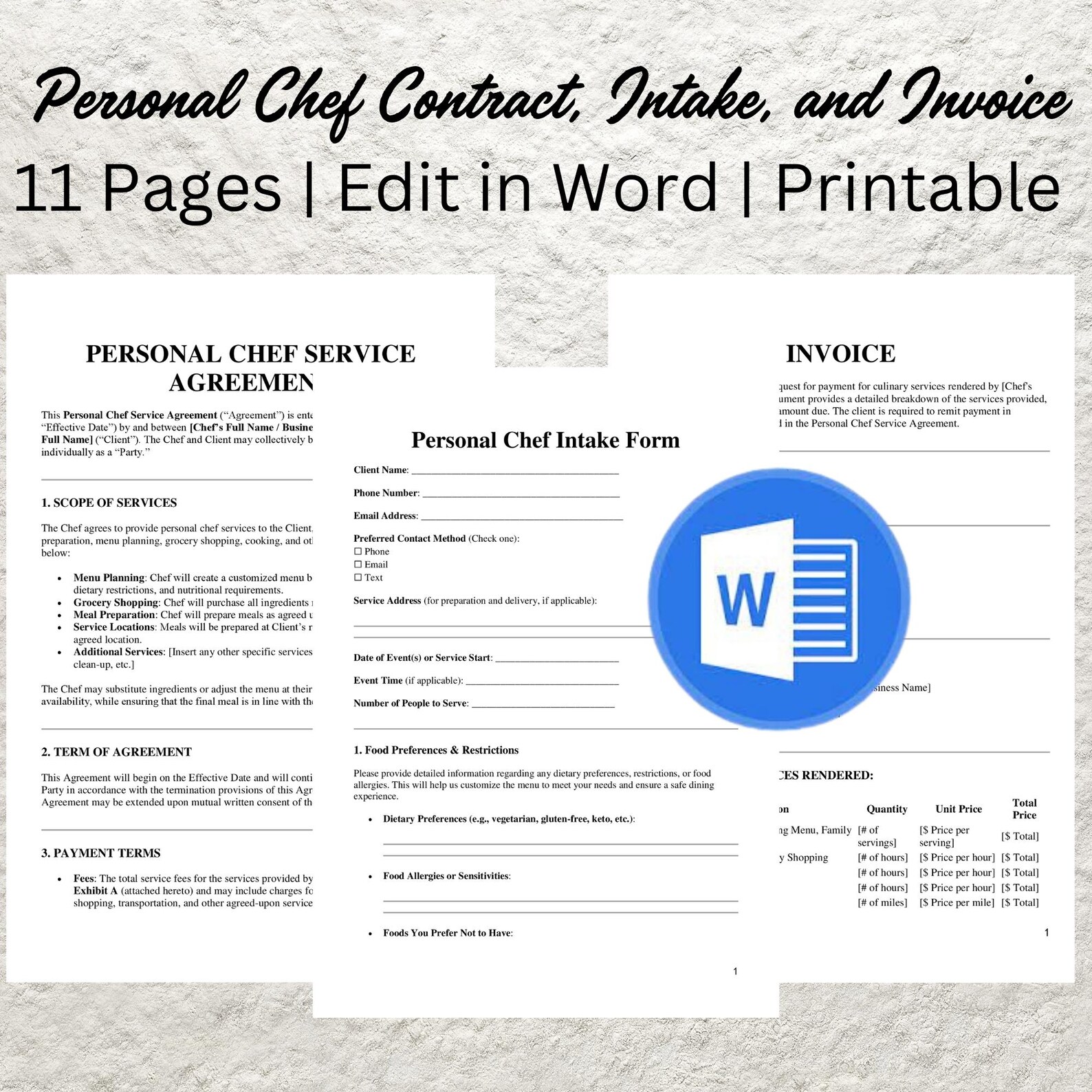 Personal Chef Contract Template Editable Personal Chef Service ...