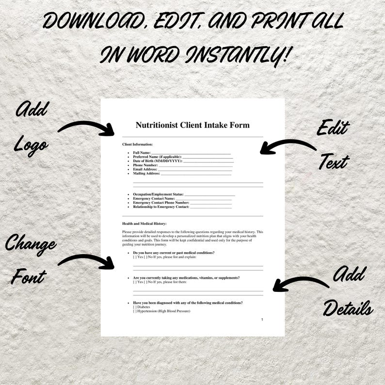Nutritionist Client Intake Form Template Editable Nutritionist Consent ...