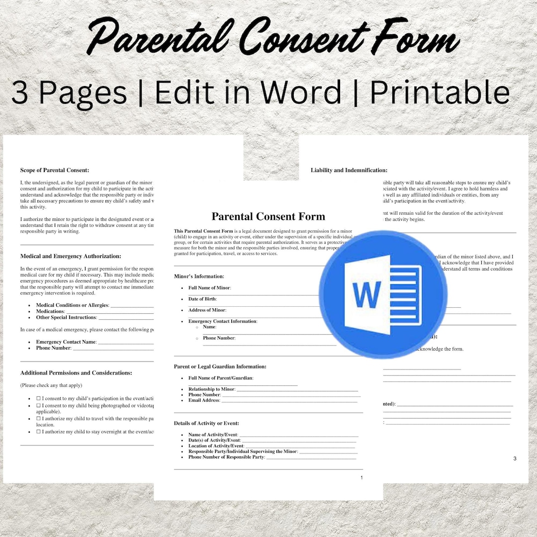 Parental Consent Form Template Editable Parental Liability Release ...
