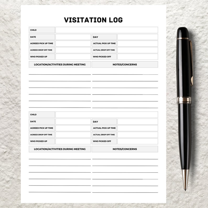 Visitation Log Template Printable Child Care Custody Log Child Visits ...