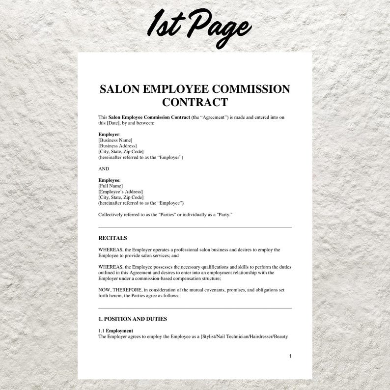 Salon Employee Commission Agreement Template Editable Hair Salon ...