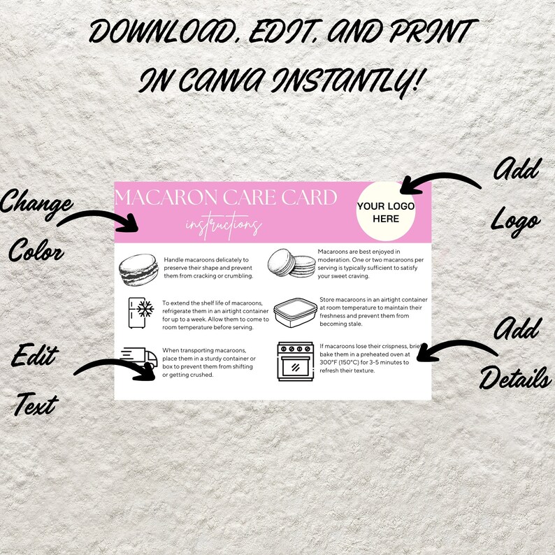 Macaron Care Card Canva Template Editable Bakery Macaron Care Card ...