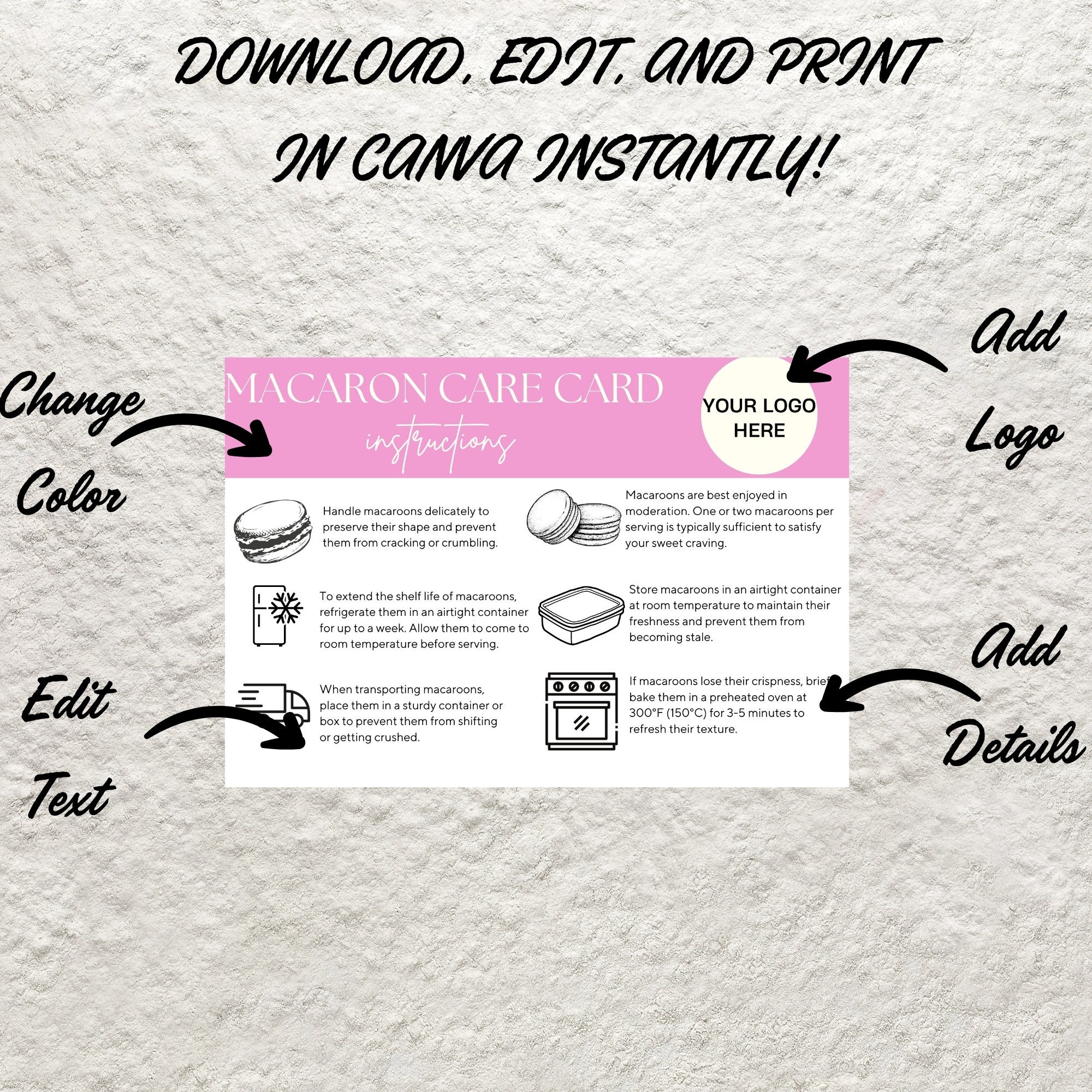 Macaron Care Card Canva Template Editable Bakery Macaron Care Card ...