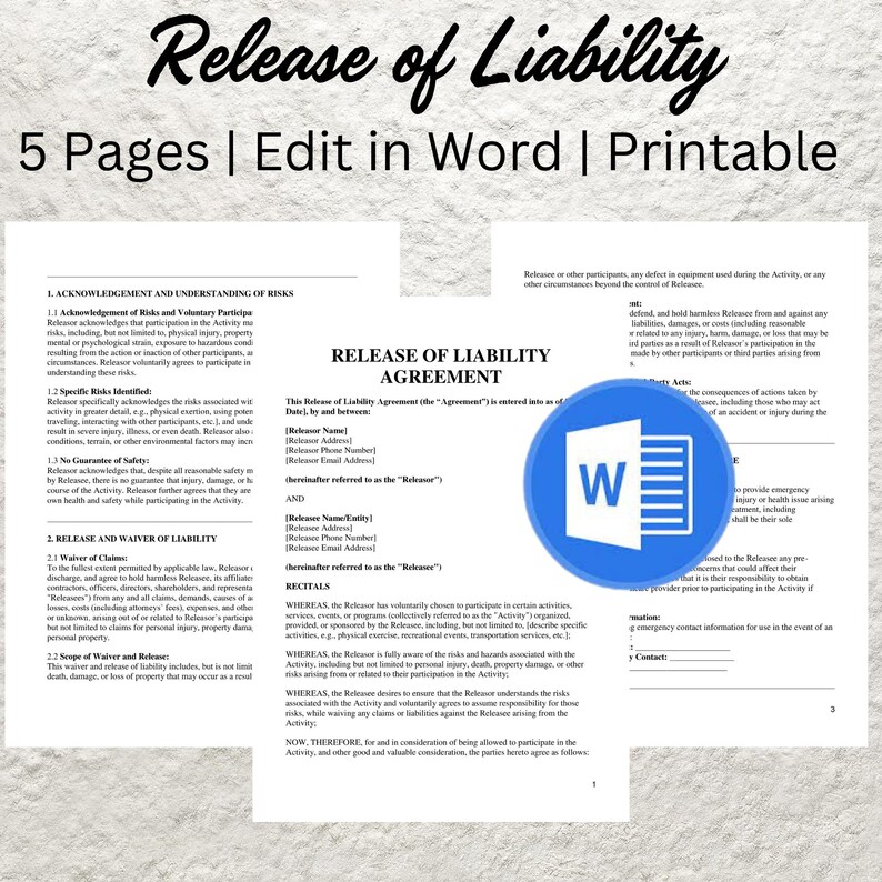 Editable Release of Liability Template: Waiver & Indemnity (word ...