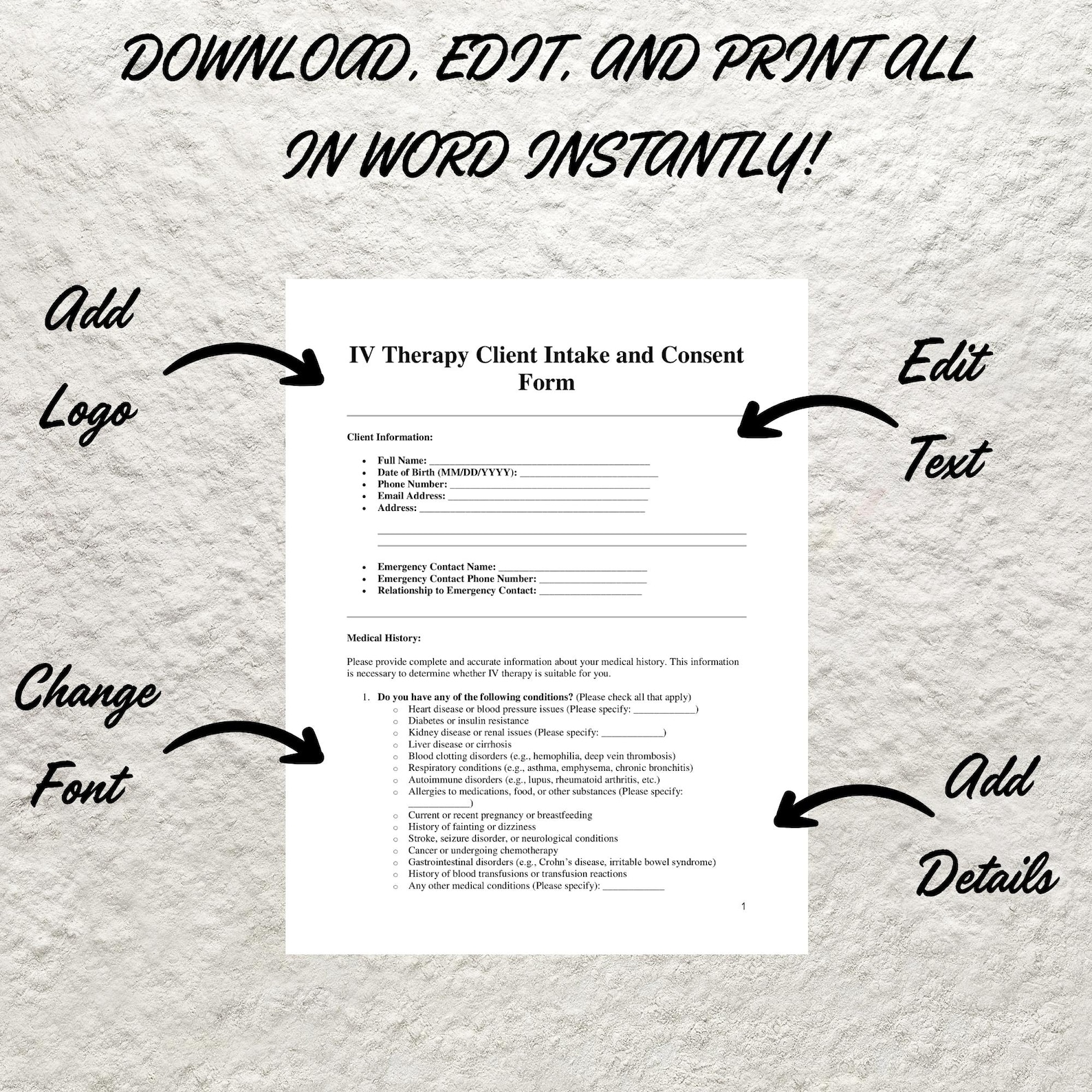 IV Therapy Consent Form Template Editable Intravenous Therapy Client ...