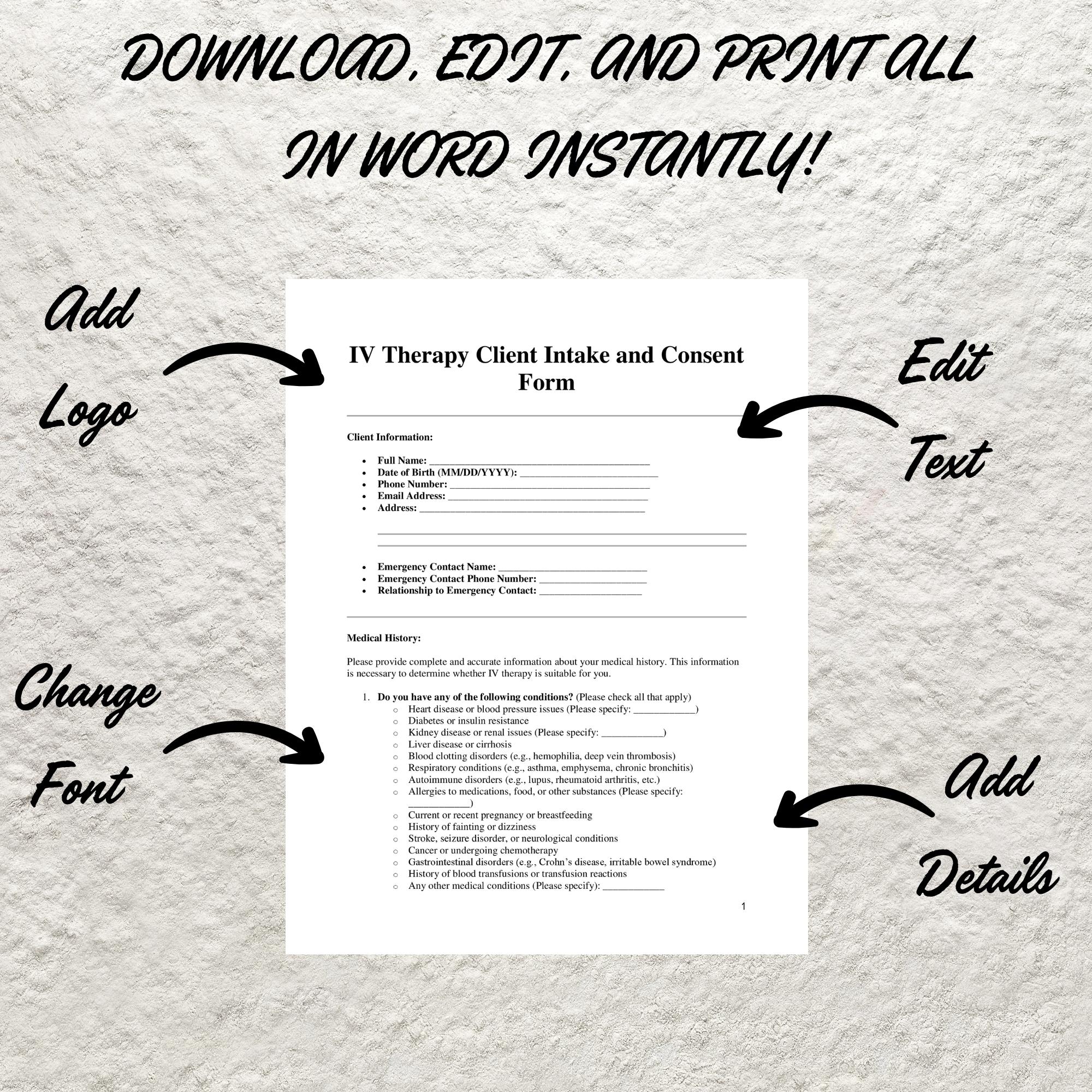IV Therapy Consent Form Template Editable Intravenous Therapy Client ...
