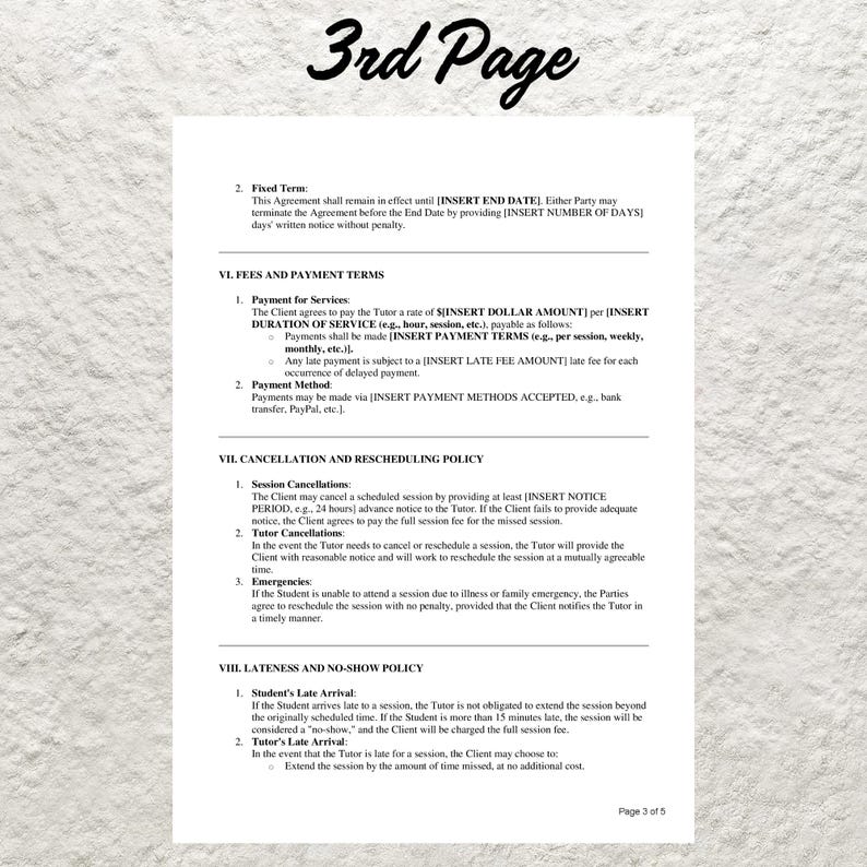 Editable Tutoring Service Agreement Template: Tutor Contract (word ...