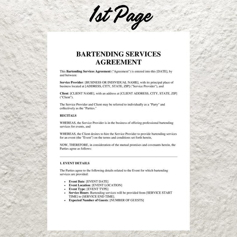 Event Bartender Service Contract Template Editable Mobile Bartender ...
