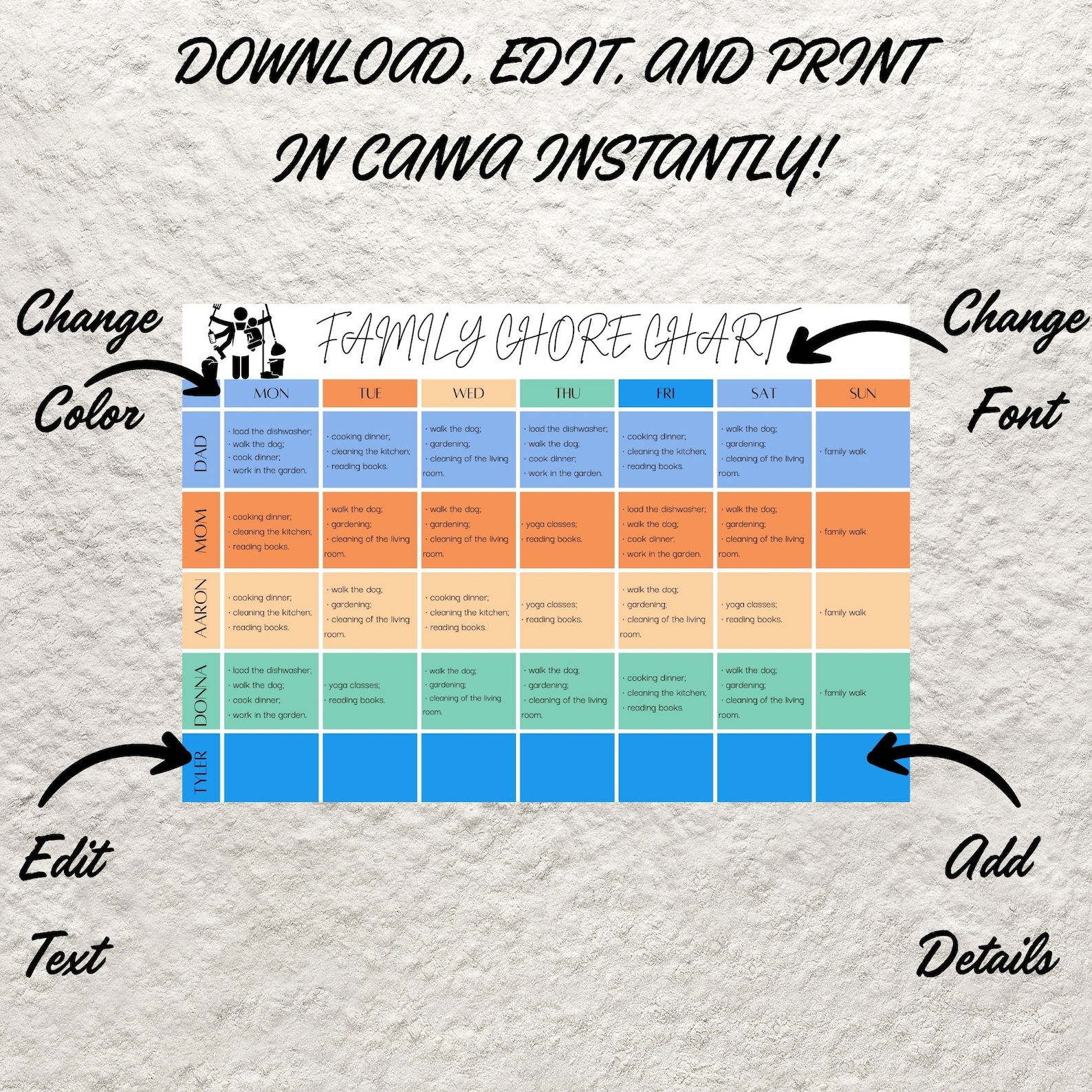 Editable Family Chore Chart Template, Household Planner (canva ...