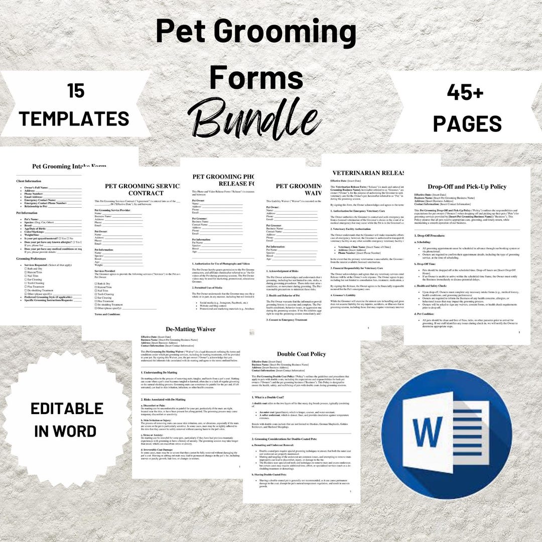 Pet Grooming Forms Bundle Editable Pet Grooming Contract Printable Dog ...