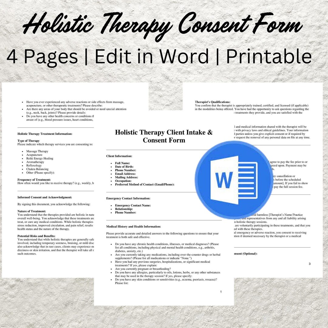 Holistic Therapy Client Intake Form: Editable Consent & Consultation ...