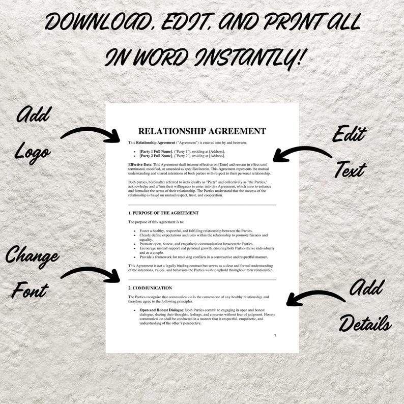 Plantilla de contrato de pareja editable, imprimible, con reglas ...