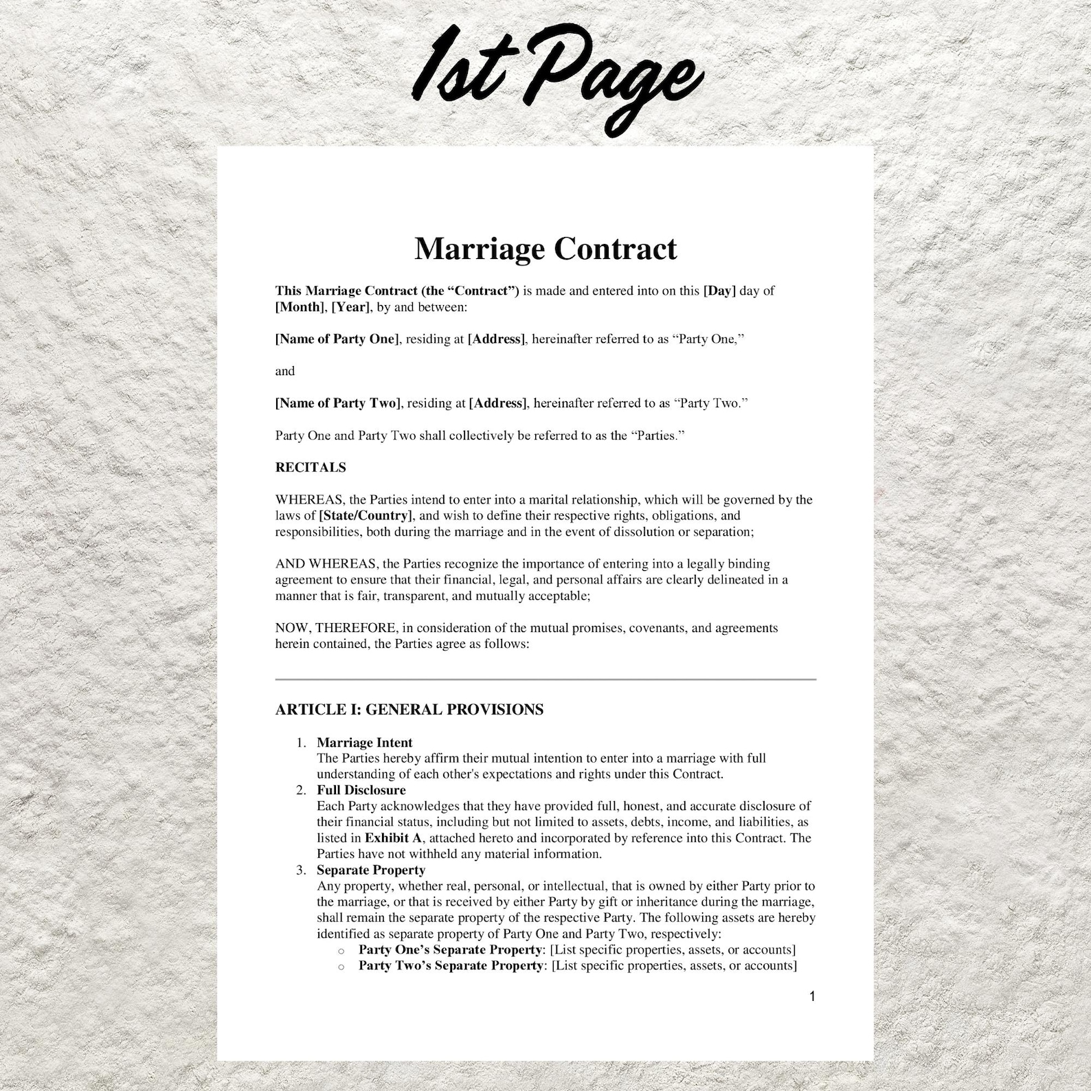 Marriage Contract Template Editable Agreement Printable Relationship ...