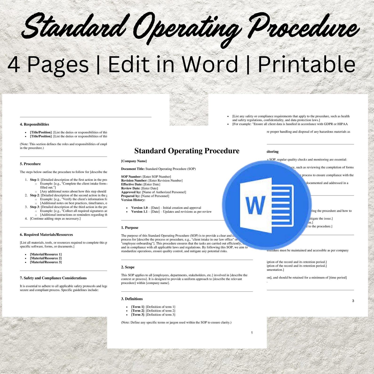 Standard Operating Procedure Template Editable SOP Template Printable ...