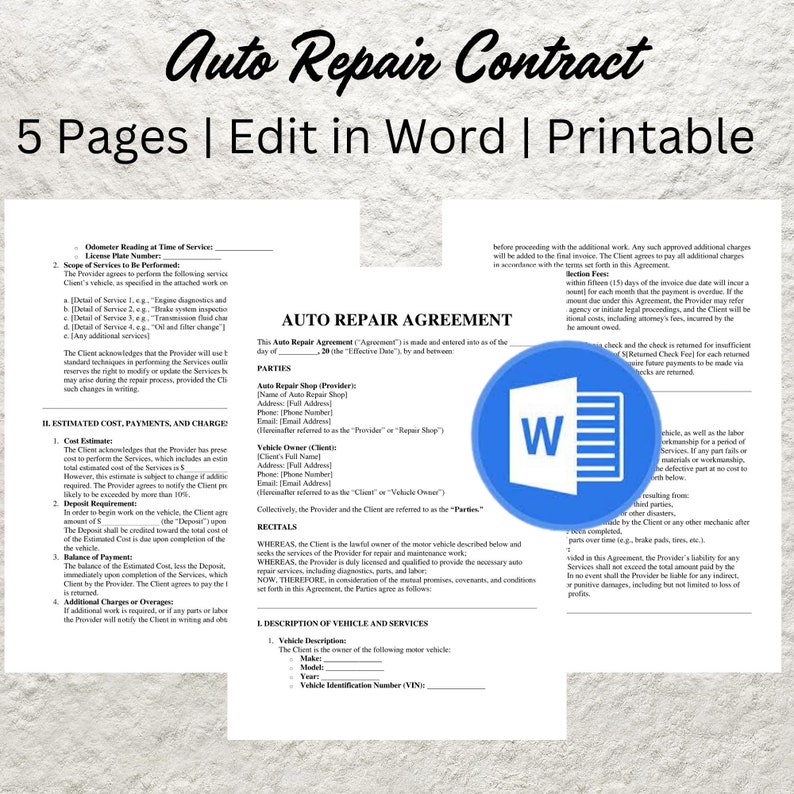 Auto Repair Service Agreement Template: Editable Mechanic Contract ...