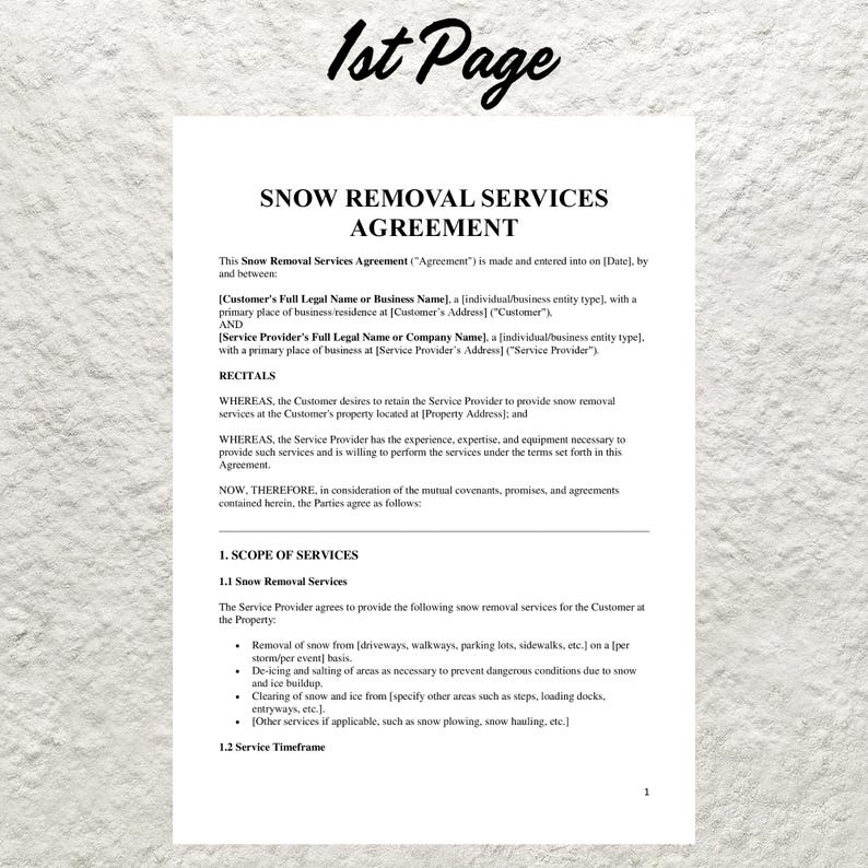 Snow Removal Contract Template: Editable Service Agreement (word ...