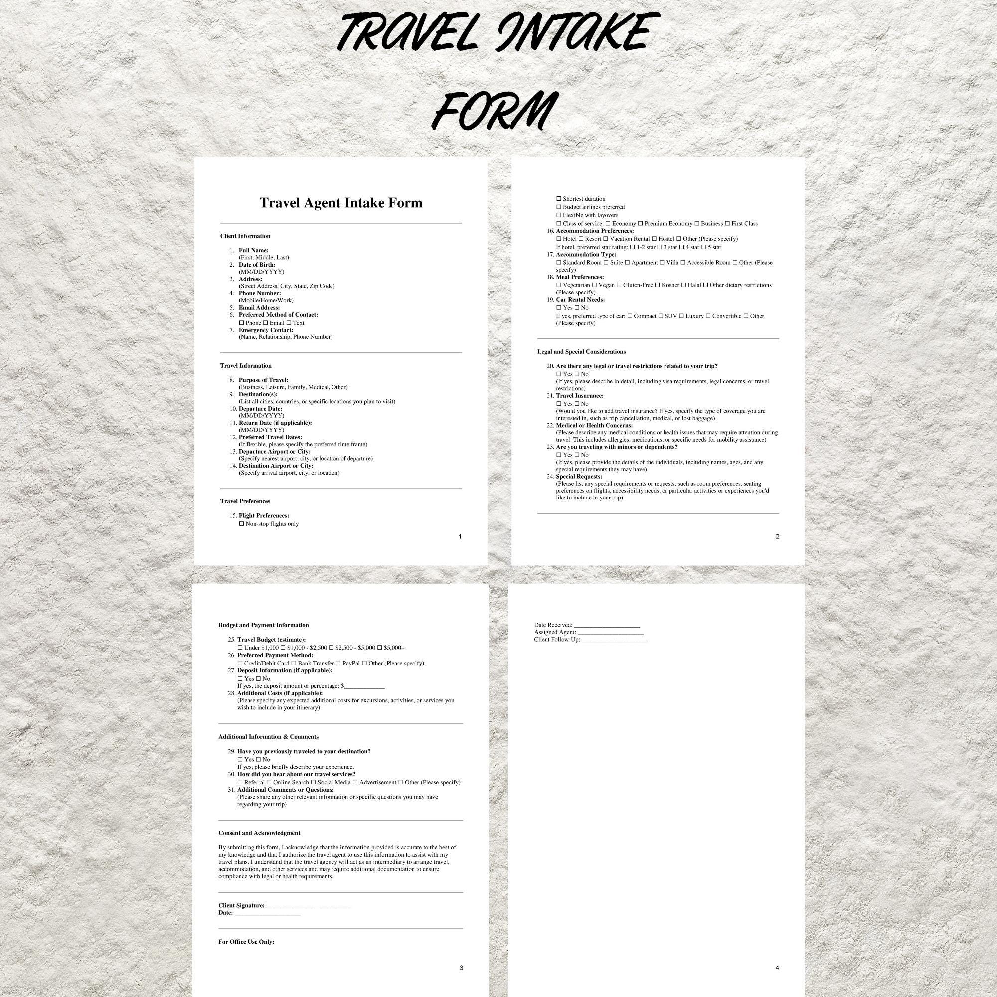 Travel Agent Forms Bundle Editable Travel Business Form Travel Invoice ...