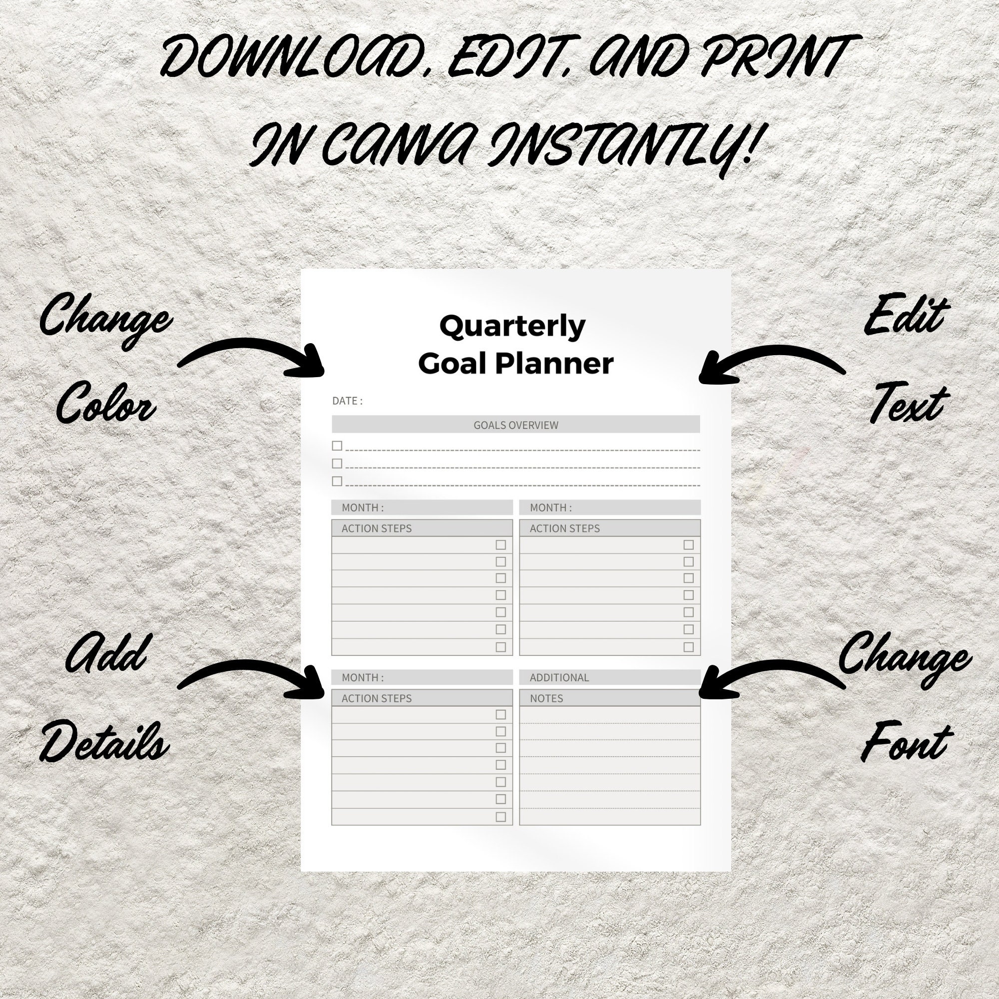 Quarterly Goal Planner Printable, Editable 90 Day Worksheet (PDF) - Etsy