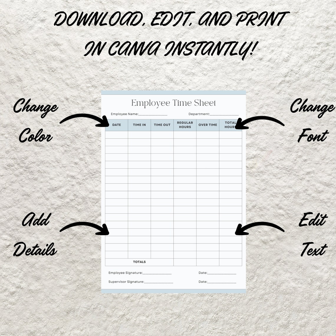 Editable Employee Time Sheet Tracker Template Printable Timekeeping Log Sheet Working Hours ...